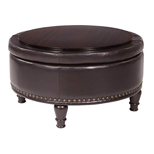 OSP Home Furnishings Augusta Round Storage Ottoman with Decorative Nailheads and Flip Over Lid with Serving Tray Surface, Espresso Faux Leather