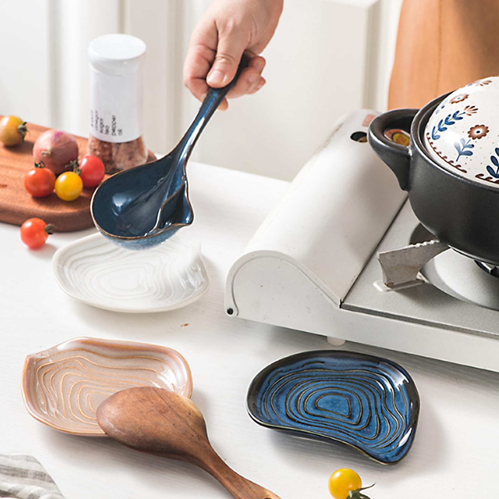 Ceramic Spoon Rest for Stove Top, 3 Pcs Spoon Holder Ceramic Spoon Rest for Kitchen Counter Dining-Table, Heat Resistance Kitchen Spoon Utensil Rest for Coffee Spoons,Ladles,Tongs,Spatula
