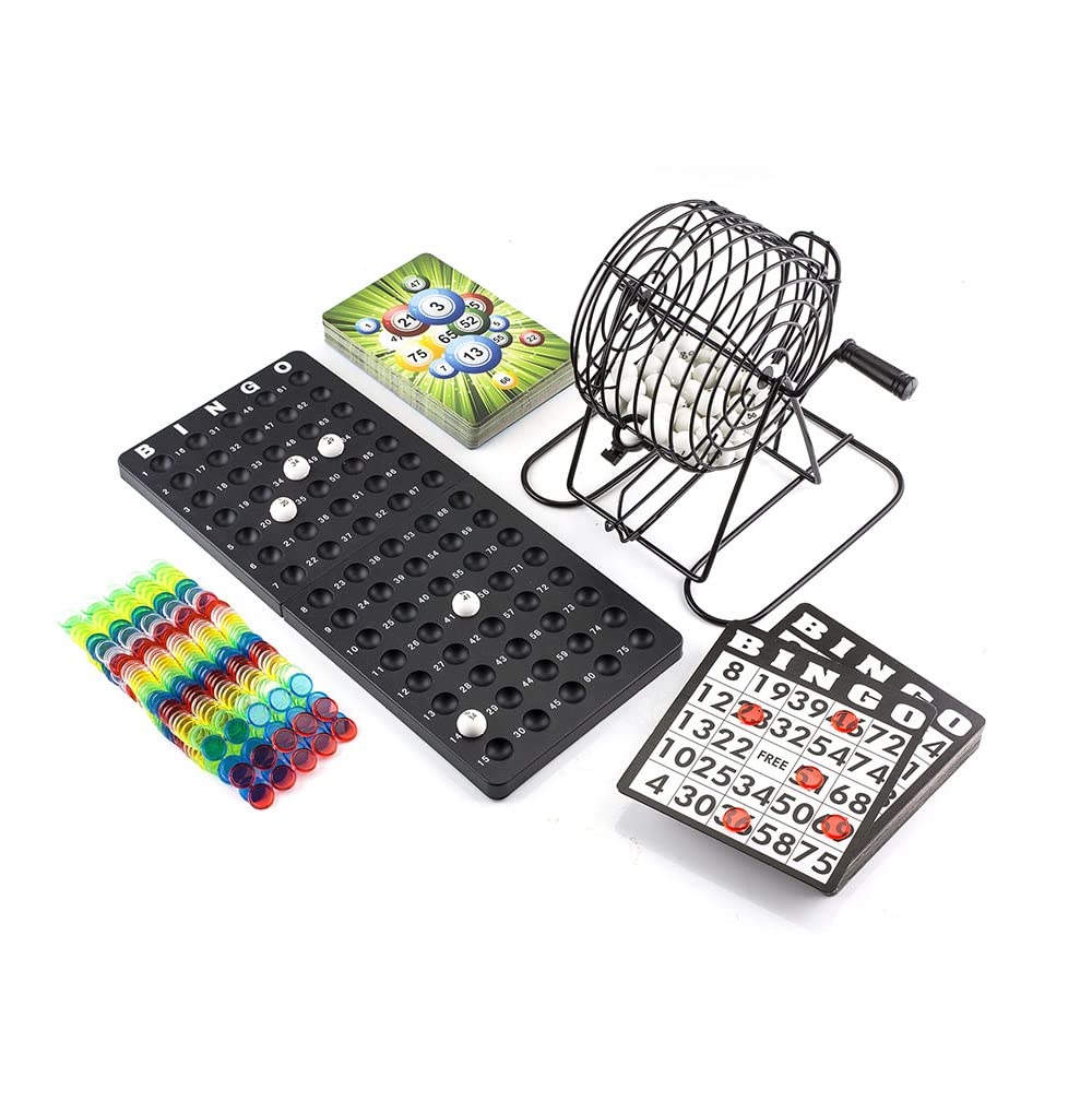 Kovot Complete Bingo Set | includes Metal Cage, (75) Numbered Balls, Master Board, (50) Bingo Cards, (400) Color Chips + Bonus Travel Calling Cards