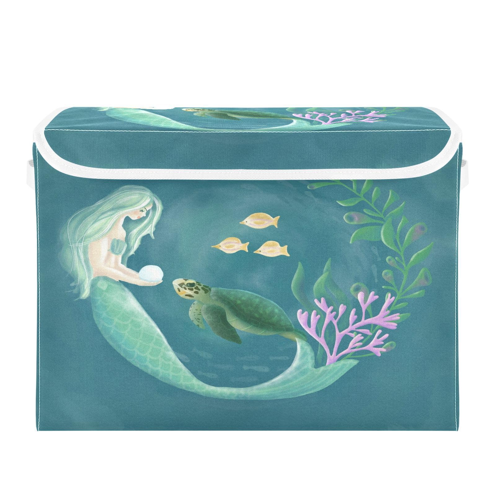 DIGTIA Summer Mermaid Turtle Storage Bins with Lids Large Pearl Sea Ocean Green Storage Basket with Handles Foldable Fabric Storage Box Organizer for Clothes Toys Closet Cabinet Home Office Bedroom