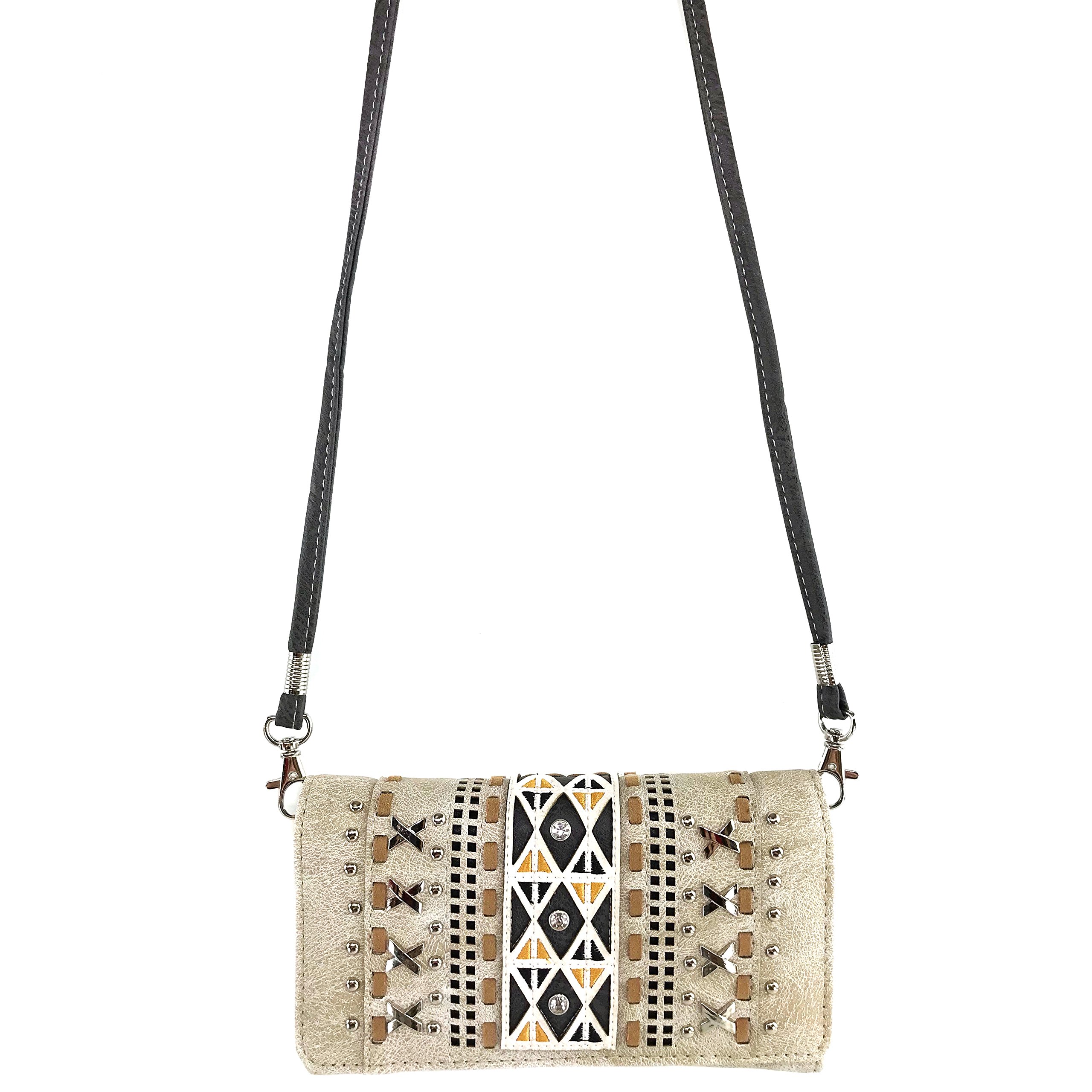 Justin West Checker Embroidery Suede Fringe Western Stud Conceal Carry Shoulder Handbag Purse | Trifold Wallet (Brown Handbag Only)