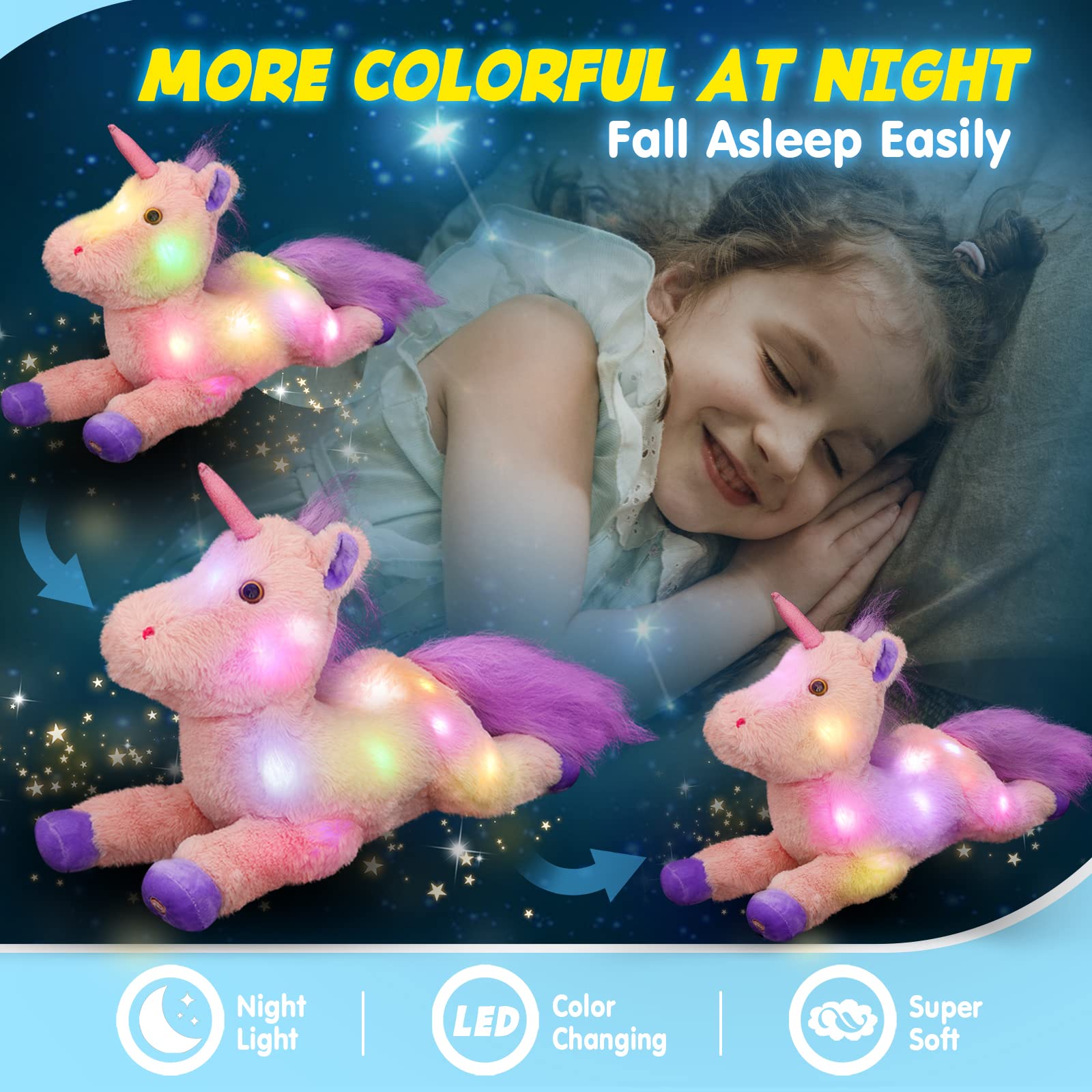 Houswbaby 19'' Light Up Unicorn LED Stuffed Animal Glow at Night Soft Plush Toy Birthday Gift for Kids Girls, Pink