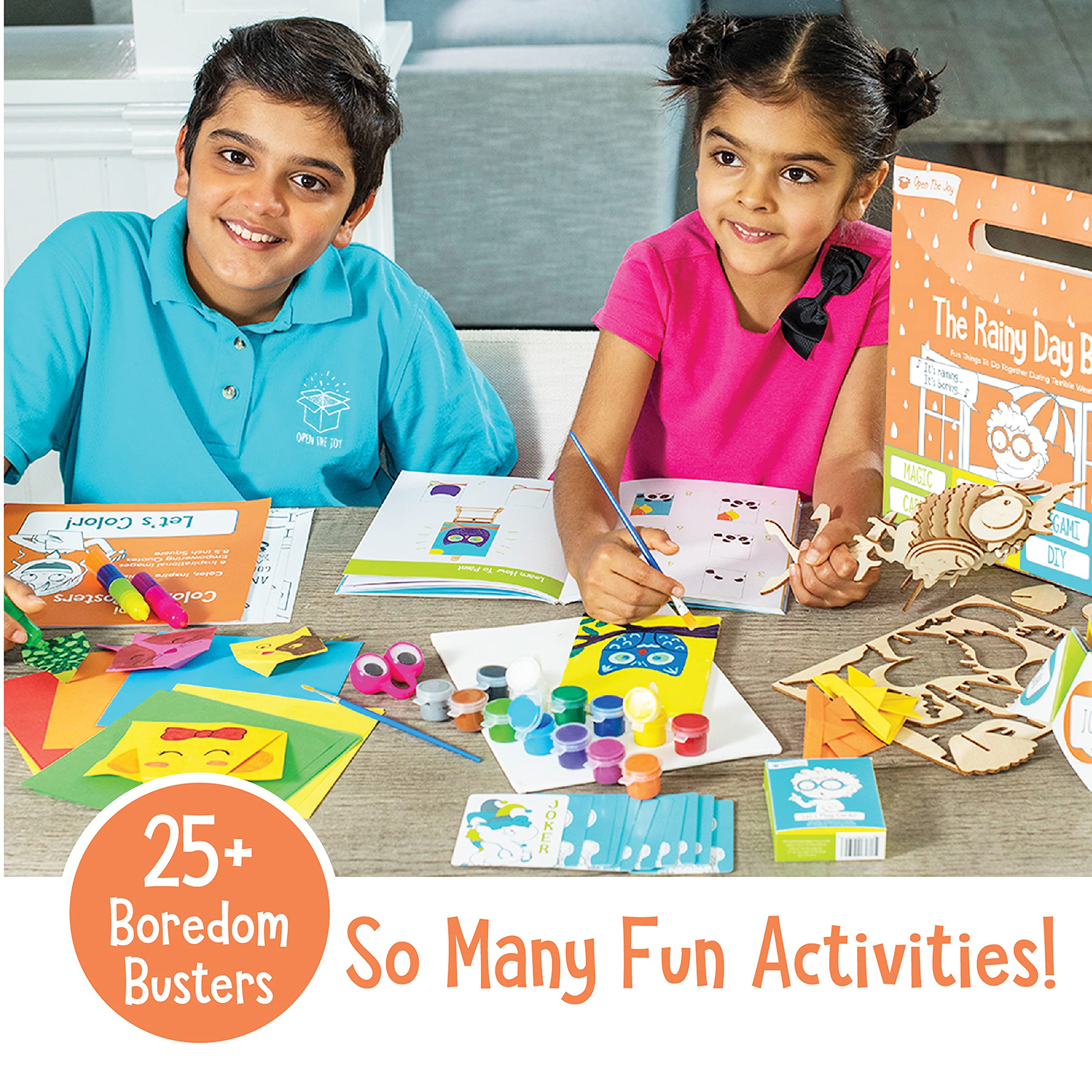Open The Joy Rainy Day Activities for Kids, Activity Bag Includes Wooden DIY Project, Card Games, Activity Booklet, Craft kit for Kids Ages 4+