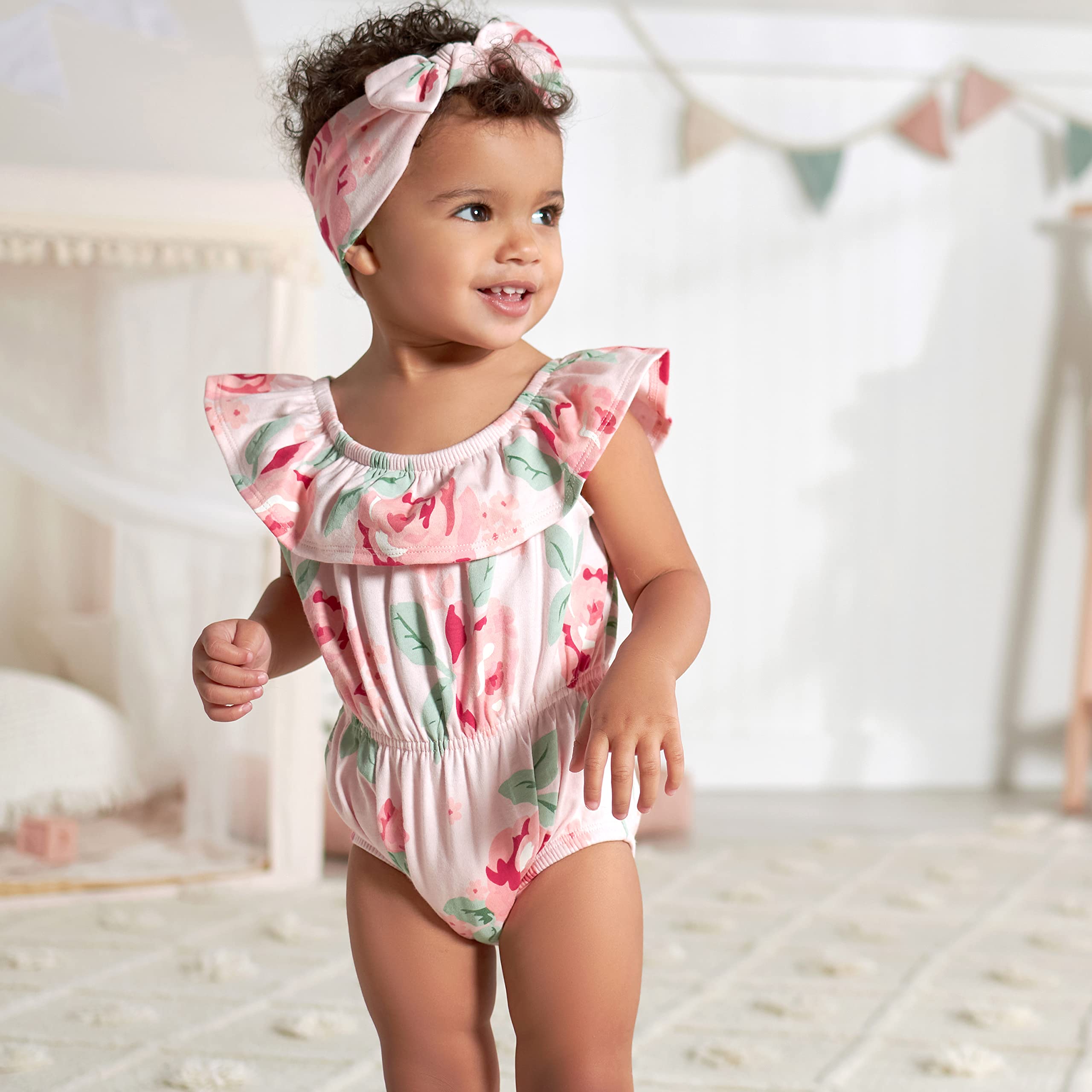 Gerber Baby Girls 3-Piece Short Sleeve Onesies, Diaper Cover & Headband Set, Blue Rose, 0-3 Months