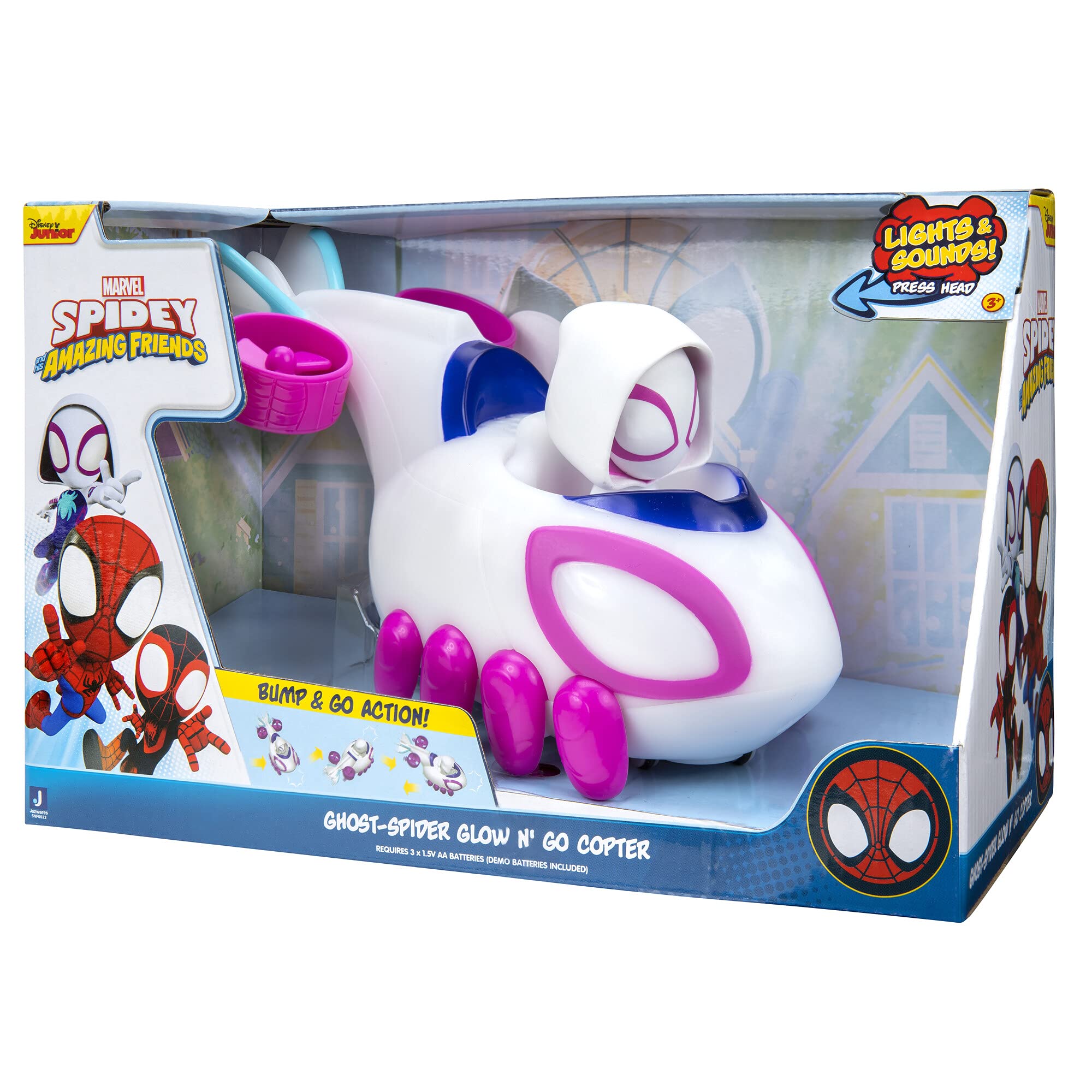 Marvel Spidey and His Amazing Friends - Ghost-Spider Glow N’ Go Copter Feature Vehicle, 8-Inch - Lights Show Effect, Sounds, Built-in Super Hero, Manual Propellers