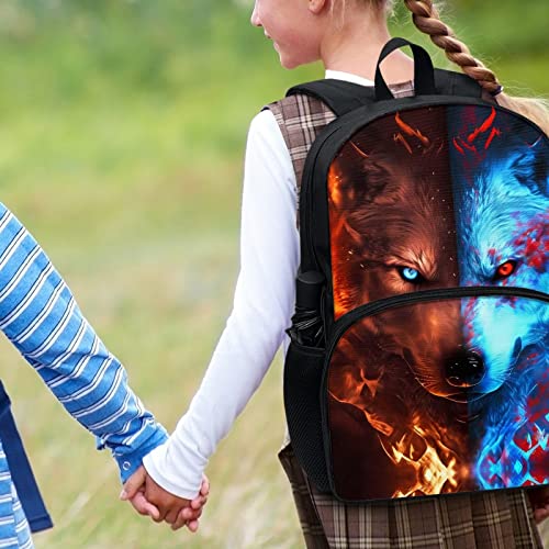 DMOYALA Cool Boys Backpack Fire and Ice Wolf Backpacks Girls Wolf School Bookbag Wolf School Bag Casual Lightweight School Backpack 17 Inch Backpack for 8-12