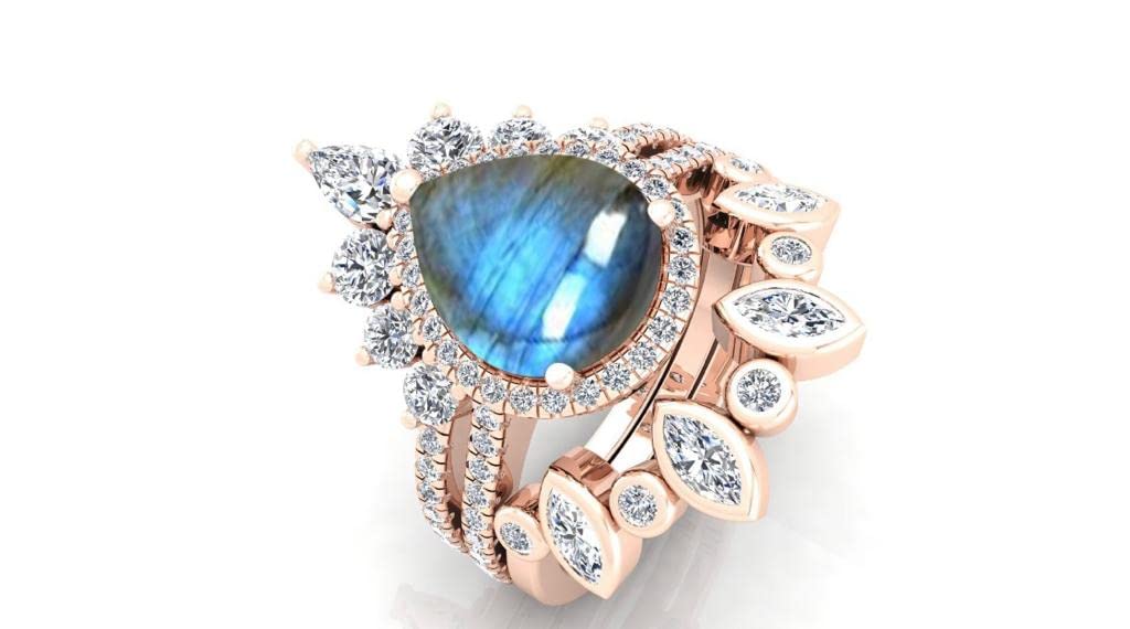 Blue Fire Cab Stone Natural Labradorite Engagement Ring Set, Antique 3Pcs Wedding Bridal Ring Set,Vintage Halo Ring Set, Teardrop Stone Ring