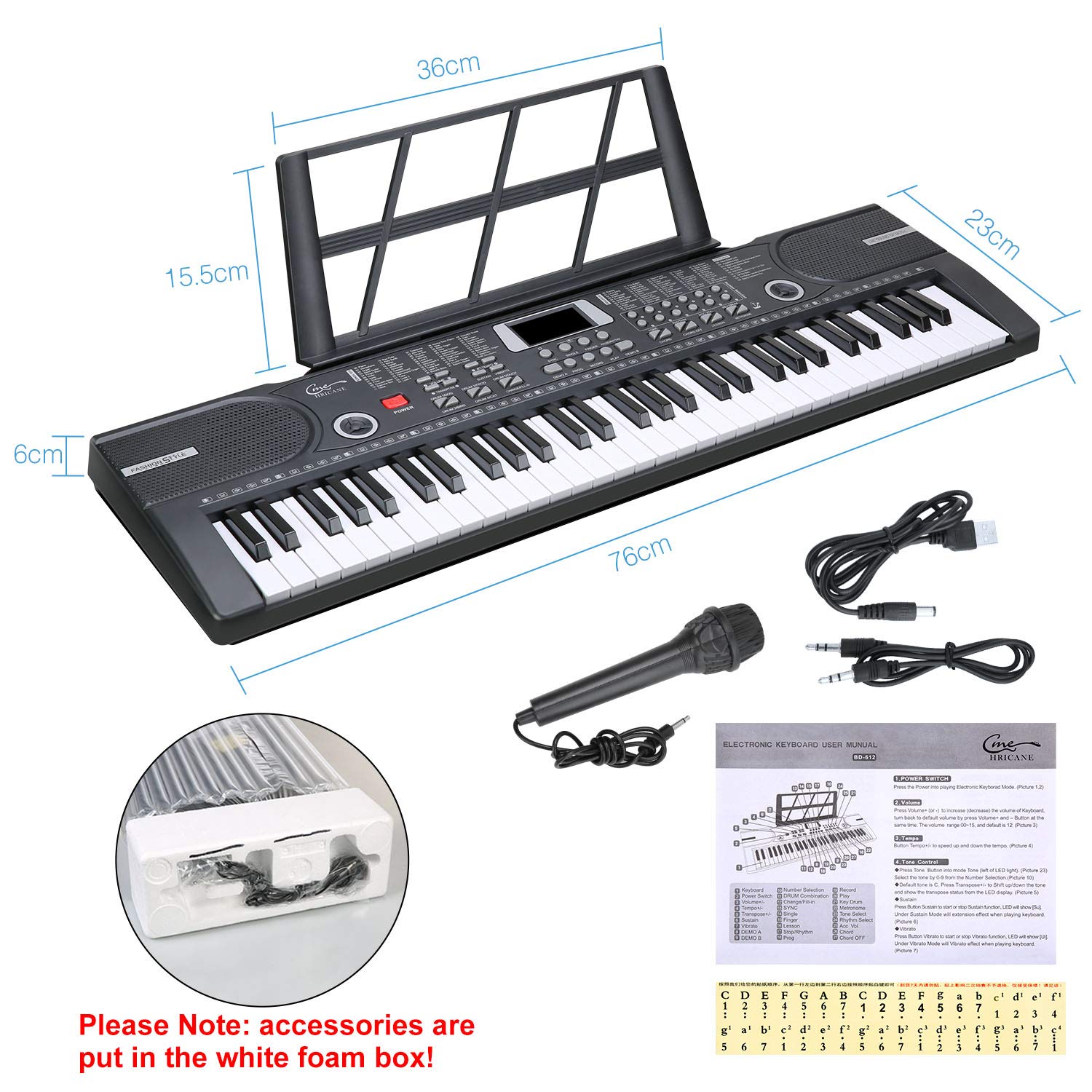 Hricane Piano Keyboard, 61 Keys Beginner Electronic Keyboard Portable Digital Music Keyboard, Early Education Music Instrument with Microphone & Music Sheet Stand