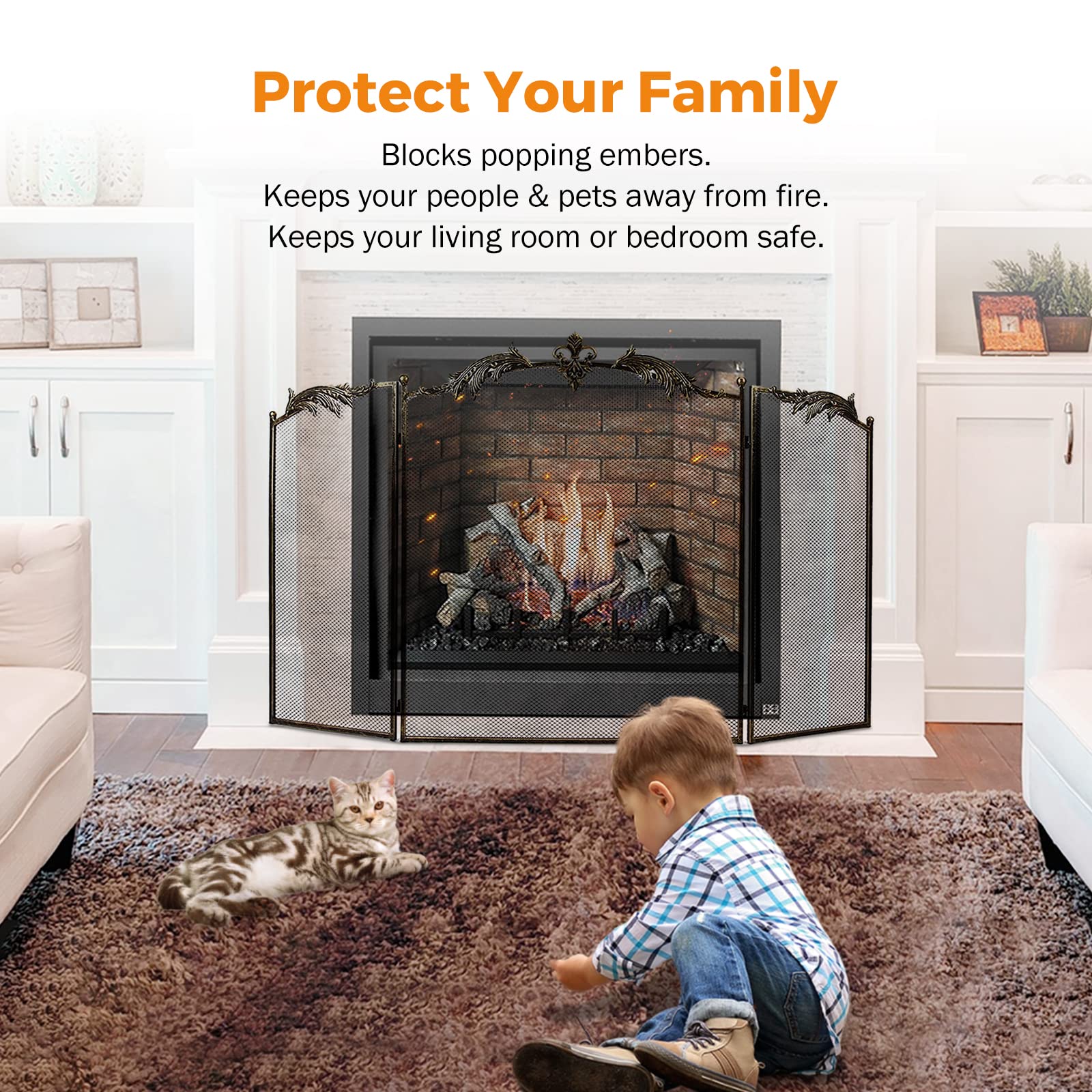 BEAMNOVA Fireplace Screen 52 x 30 Inches 3 Panel Modern Outdoor Protector Rustic Vintage Arched Mesh Freestanding Iron