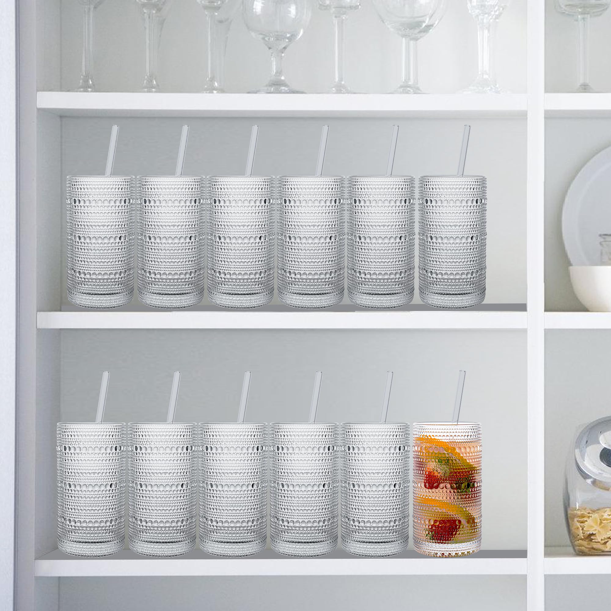 Dingerjar 2024 Upgraded Large Capacity 16 oz/480 ml Hobnail Glasses Drinking Set of 12 - Heavy Vintage Glassware