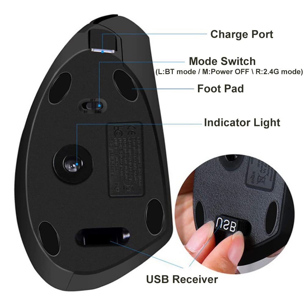 Attoe Vertical Mouse, 2.4GHz Wireless Rechargeable Ergonomic Vertical Computer Gaming Mouse,Comfortable Grip 2400 DPI Optical USB PC Gaming Mice for Laptop MAC