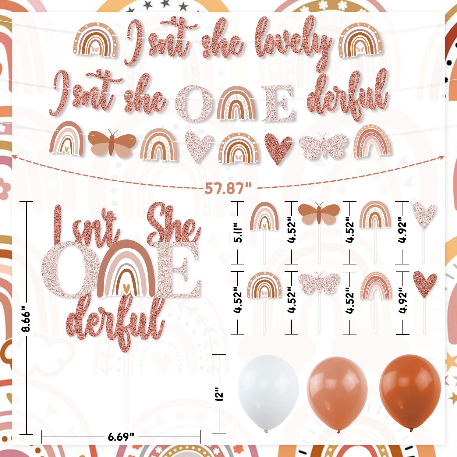 Boho Rainbow 1st Birthday Decorations,Boho First Party Decorations Isn't She Lovely and Isn't She Onederful Banner Cake Toppers and Balloons for Boho Theme Party First Birthday Girls