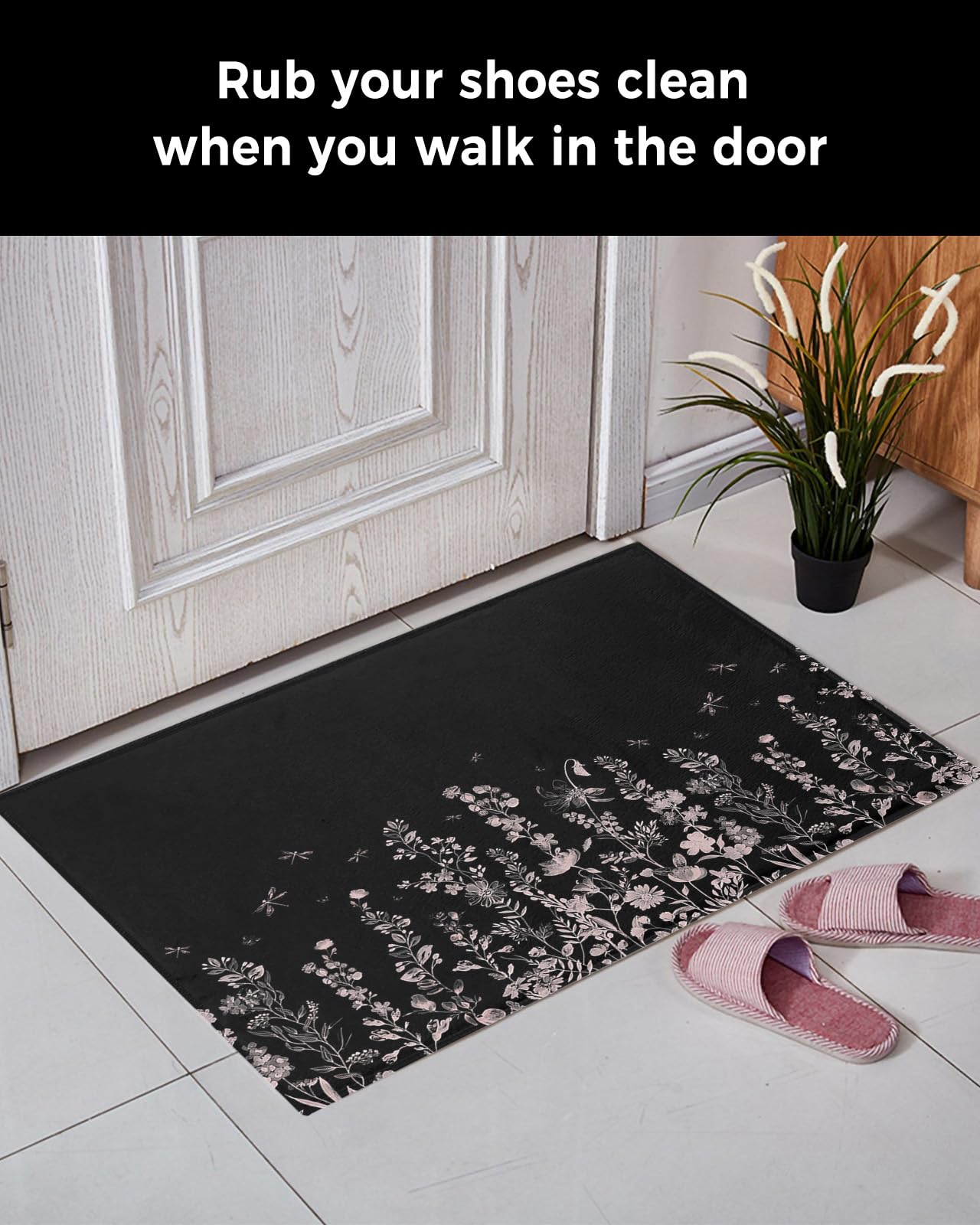 Black Flower Plush Rug Non Slip Bath Mat, Soft Shaggy Long Fur Fuzzy Bath Rugs 16" x 24" Vintage Floral Aesthetic Leaves Dragonfly Carpet Mat for Bathroom Shower Home