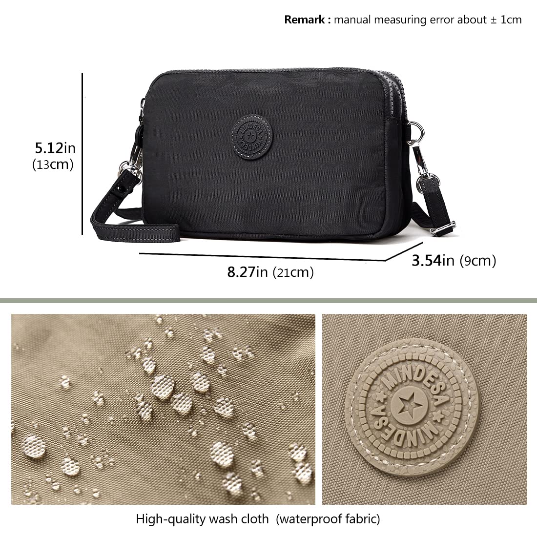 Mindesa Small Casual Crossbody Bags Triple Zip Clutch Wallet Waterproof Lightweight Cell Phone Shoulder Handbags(Black)
