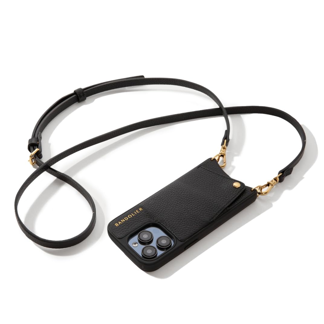 Bandolier Emma Crossbody Phone Case and Wallet - Compatible with iPhone 14 Pro Max Genuine Pebbled Black Leather with 2 Pockets and Removable Shoulder Strap