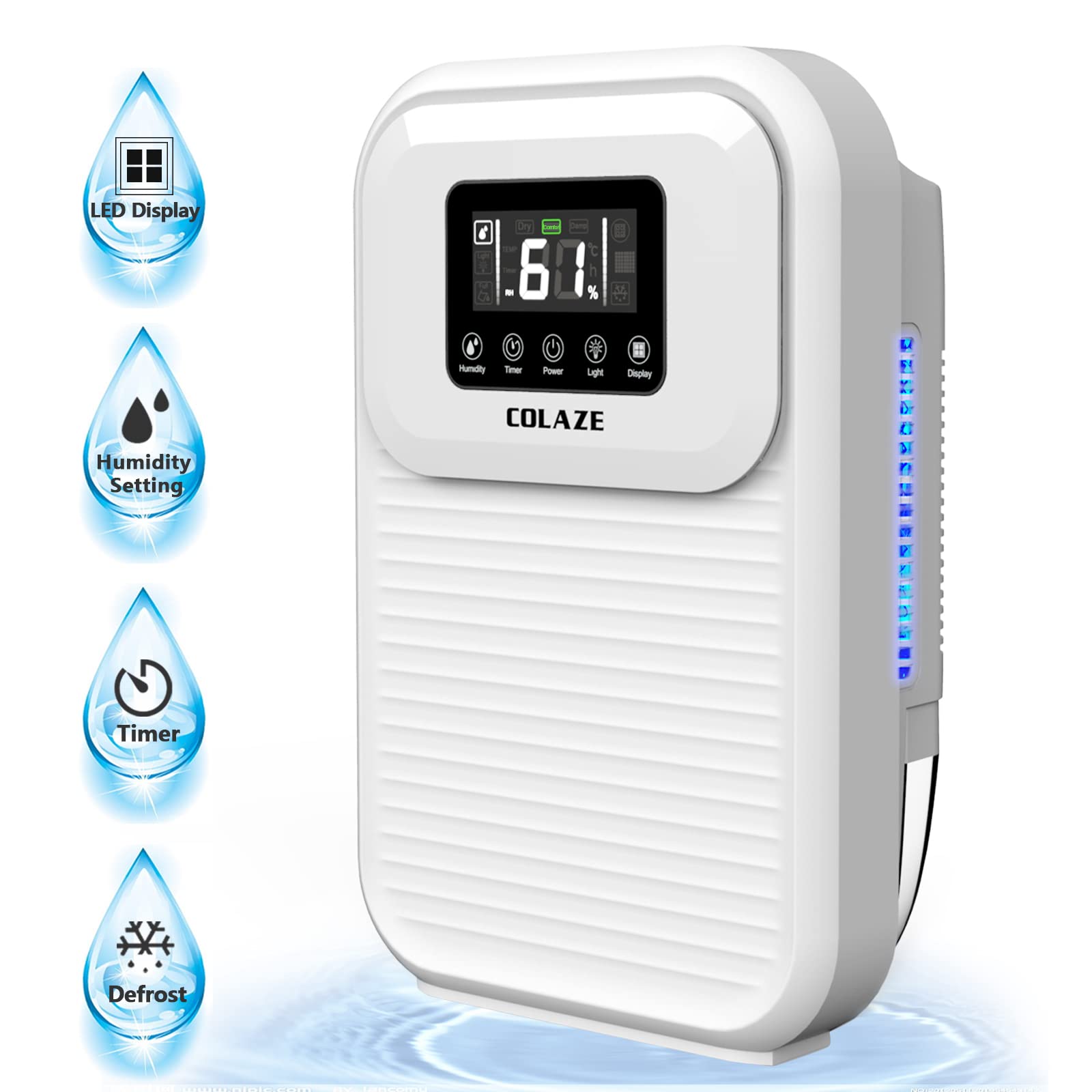 COLAZE Dehumidifiers for Small Spaces Dehumidifier Up to 500 Sq.ft with LED Display, Humidity Setting, Timer, Auto Shut off, Defrost Functions