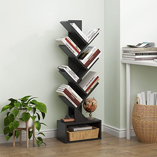Hoctieon 6 Tier Tree Bookshelf, 6 Shelf Bookcase with Drawer, Free Standing Tree Bookcase, Display Floor Standing Shelf for Books, Book Organizer Shelves for Home Office, Black