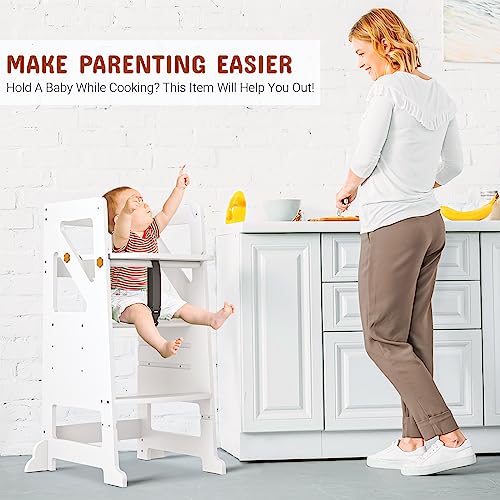 Rendpas Toddler Step Stool With Meal Tray, Wooden Kids Learning Tower For Kitchen Helper and Convertible High Chair, Adjustable Bathroom Step Stool With Safety Rail (White)