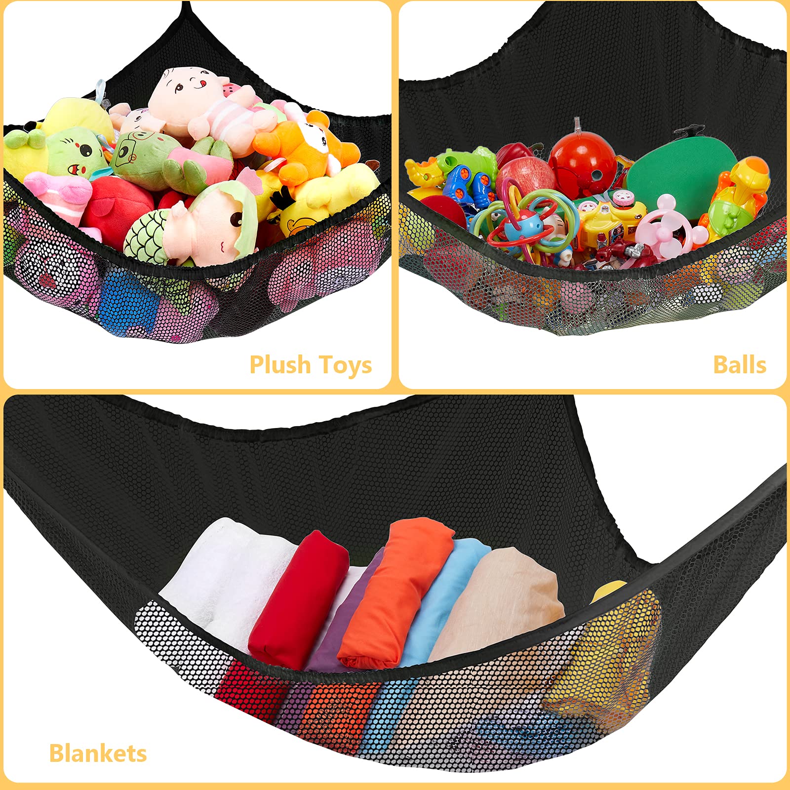 Jumbo Toy Net Hammock for Stuffed Animals KoHuiJoo Wall Sling Corner Extra Large Kids Children Mesh Toy Net Organizer (Black 2 Pack, 70 inch)