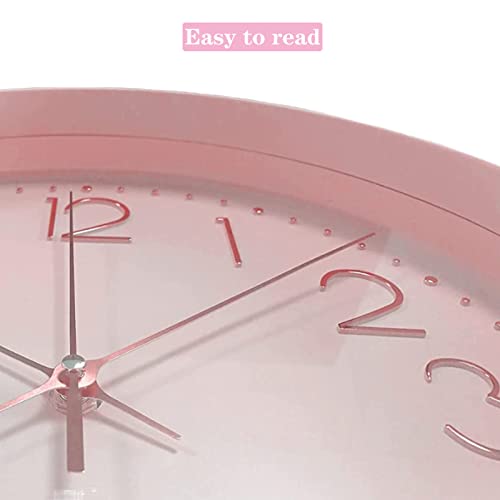 JUSTUP Round Wall Clock, 12 Inch Pink Large Wall Clock for Bedroom, Quality Quartz Modern Silent Clock with Battery Operated, Arabic Quiet Wall Clock Decor for Home Kitchen Living Room Office (Pink)