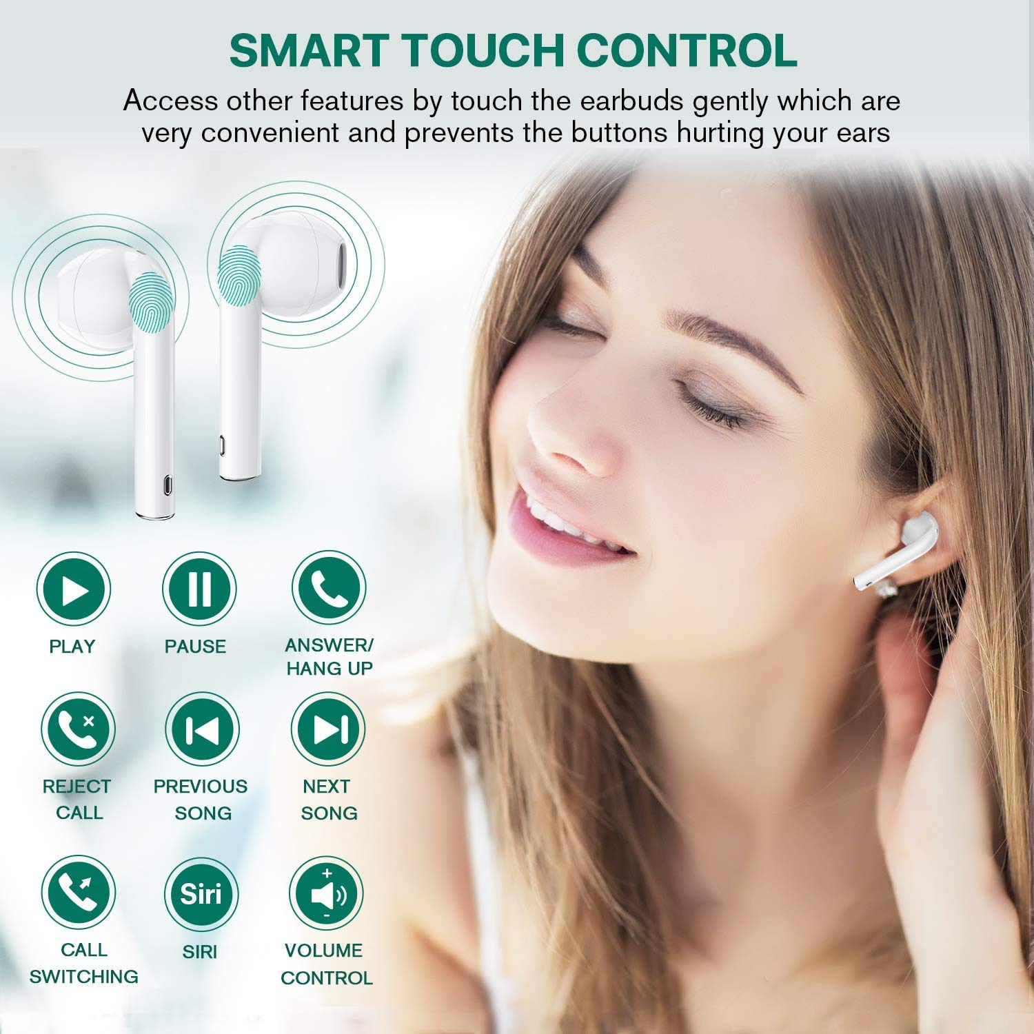 BEBEN IPX7 Waterproof Bluetooth Earbuds, True Wireless Earbuds, 30H Cyclic Playtime Touch Control Headphones with Charging Case and mic, in-Ear Stereo Earphones Headset for Sport-White