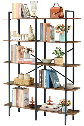 Hoctieon Double Wide 5 Tier Bookshelf, Rustic Open Etagere Bookcase, Vintage Industrial Large Bookshelves, Display Shelves with Metal Frame, for Home Office Decor Display, Rustic Brown