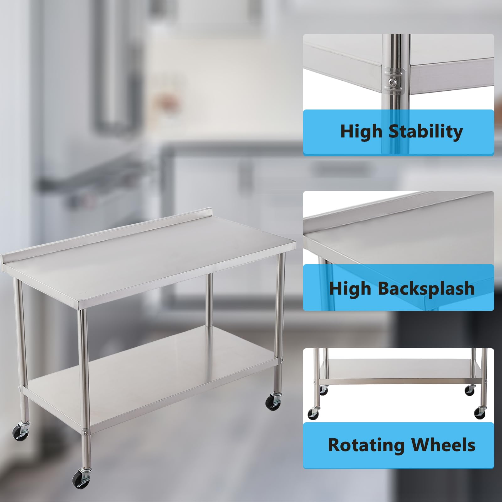 Comllen Stainless Steel Work Table, 48x24 Inches Stainless Steel Table with 4 Wheels, Commercial Heavy Duty Tables for Commercial Kitchen, Restaurant, Hotel and Garage