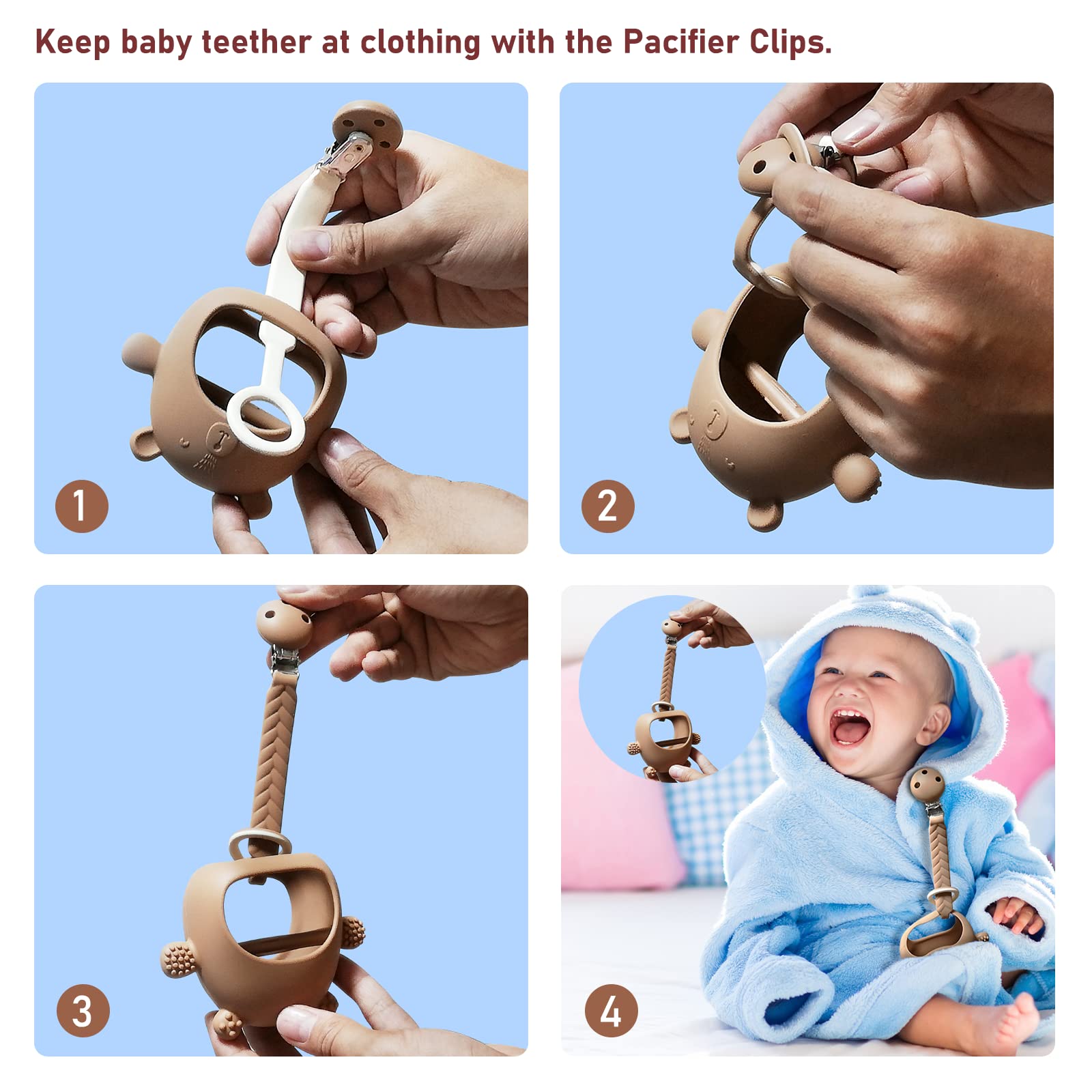 Baby Teether for 0-6 Months 2 Pack Never Drop Baby Teething Toys for 6-12 Months+1 Pack Pacifier Clip,Silicone Baby Chew Toys for Infant Sucking Needs,Baby Toys 3-6 Month Baby Mitten Teether(Brown)