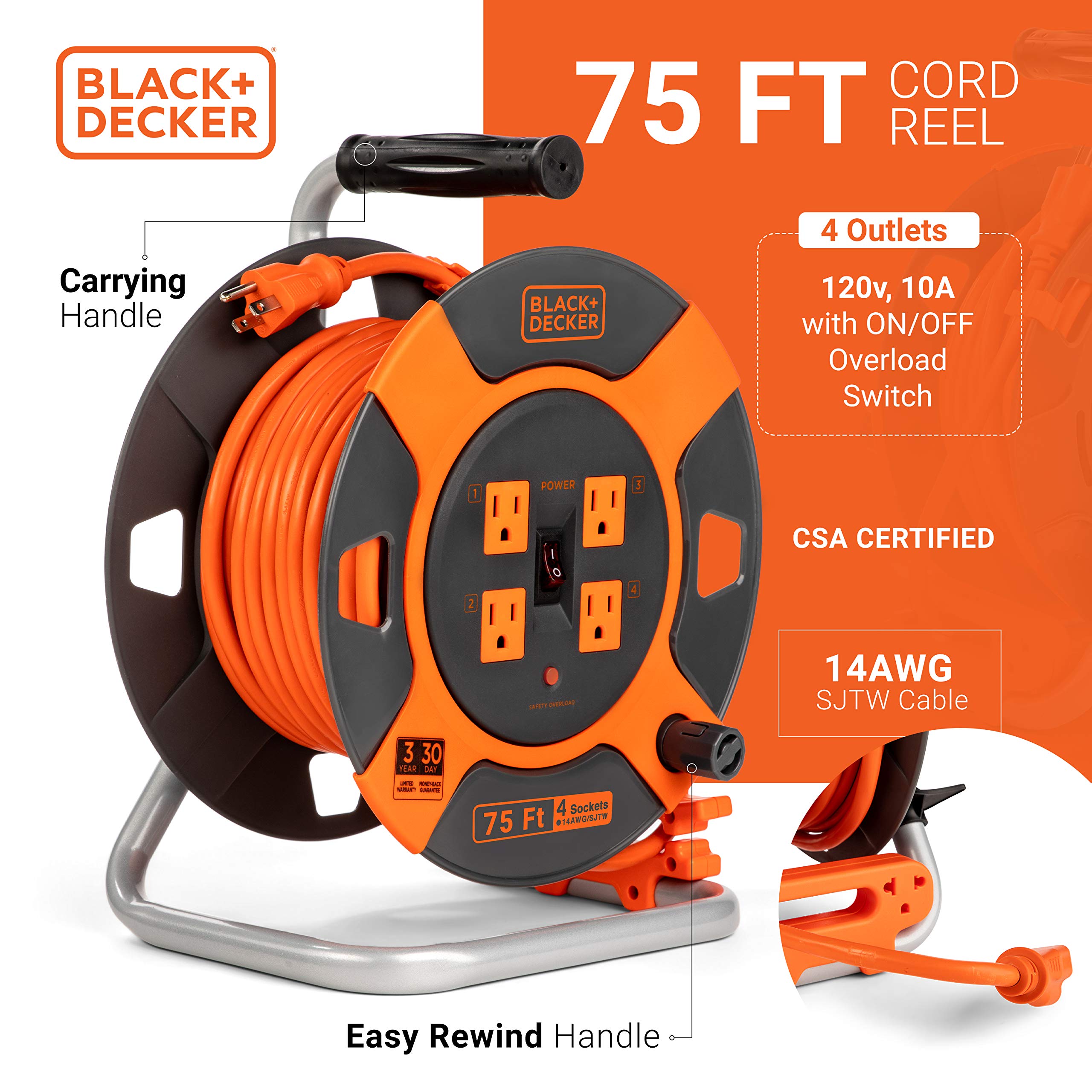 BLACK+DECKER 75 Ft. Retractable Extension Cord Reel With 4 Outlets, Multi-Plug Extension, Easy Handle Rewind & Heavy-Duty 14AWG SJTW Cable