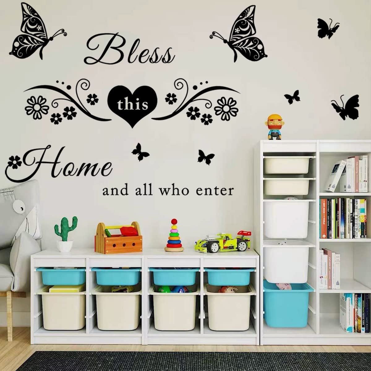 Vinyl Wall Stickers Quotes Wall Art Decal Sticker Bless This Home and All Who Enter Wall Decals Flowers Butterfly Wall Decor Sticker for Entryway Living Room Home Decor.