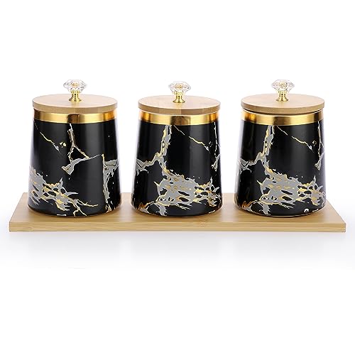JUXYES Set of 3 Canisters Set for Sugar Coffee Tea with Airtight Lid, Ceramic Storage Containers Sets Black Storage Pots with Tray Storage Jar Decorative Canisters Sets for for Kitchen Counter