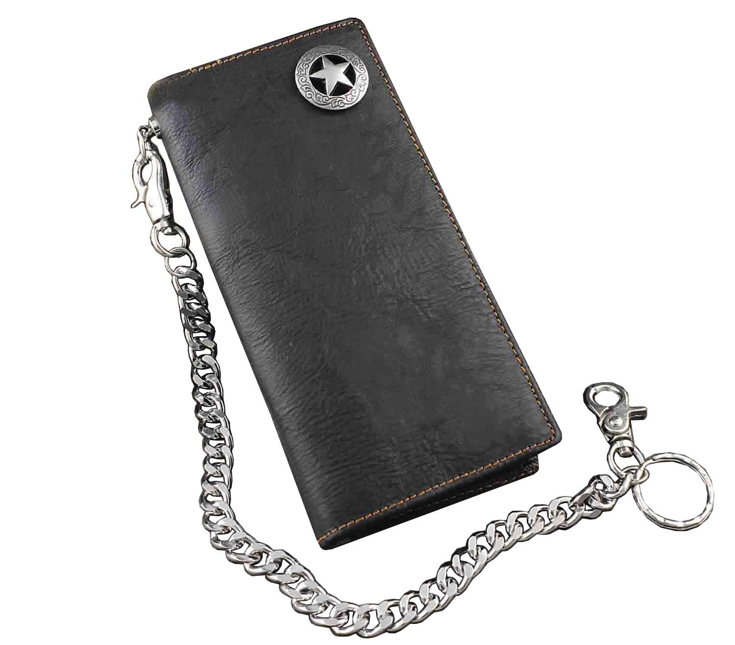 Biker Rock Star Concho Mens Card Money Long Black Real Leahter Wallet With Chain