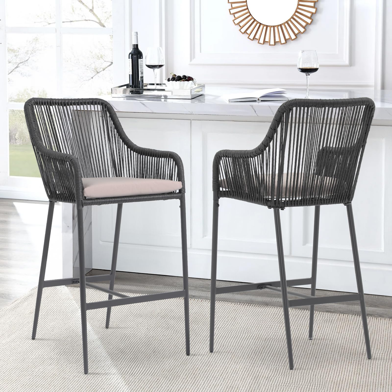 COBANA Outdoor Bar Stools Set of 2, Bar Height Patio Chairs with High Back, Footrest and Armrest, Beige