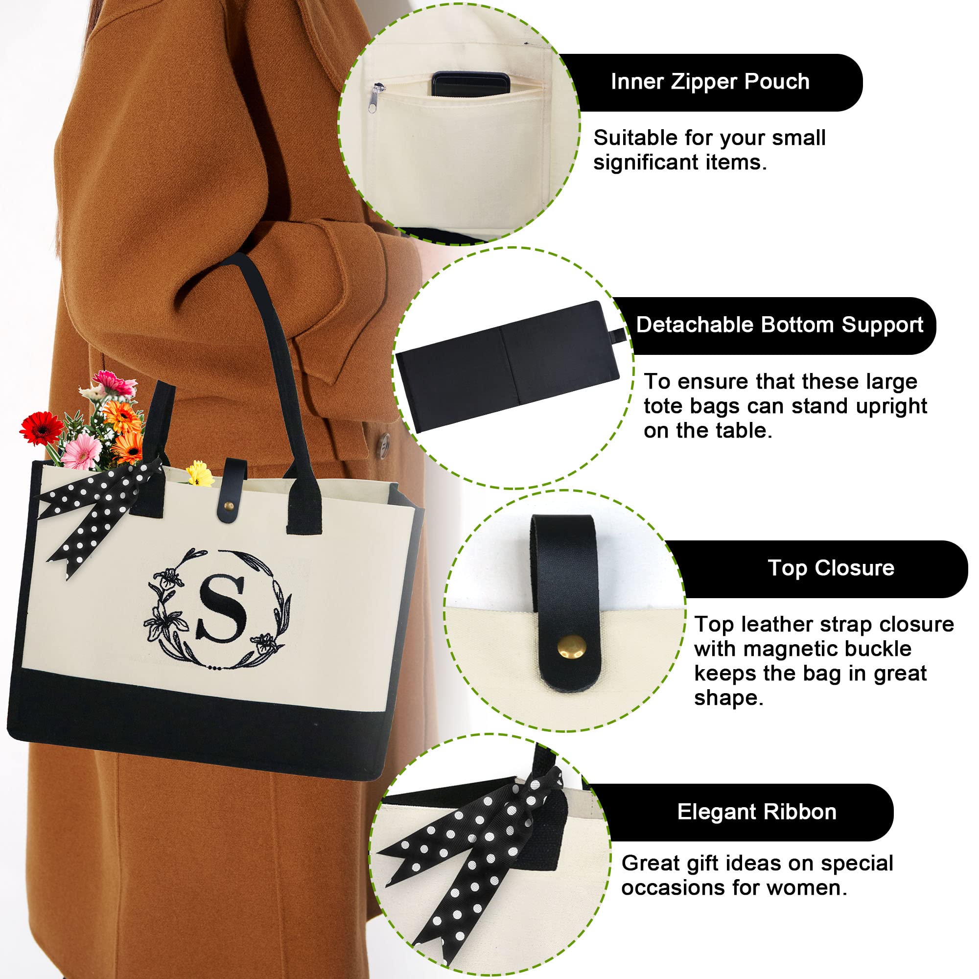 BeeGreen Personalized Gifts for Friends Female Sisters Initial Tote Bag for Women with Makeup Bag Canvas Beach Tote Bag (Letter D), Black and White-d