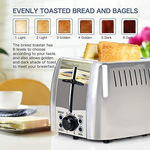 prepAmeal 2 Slice Toaster Stainless Steel Toaster Two Slice Bagel Toaster Small Bake Toaster with 6 Browning Setting, Reheat, Defrost, Bagel, Cancel Function, Extra Wide Slots (Silver - 2 Slice)
