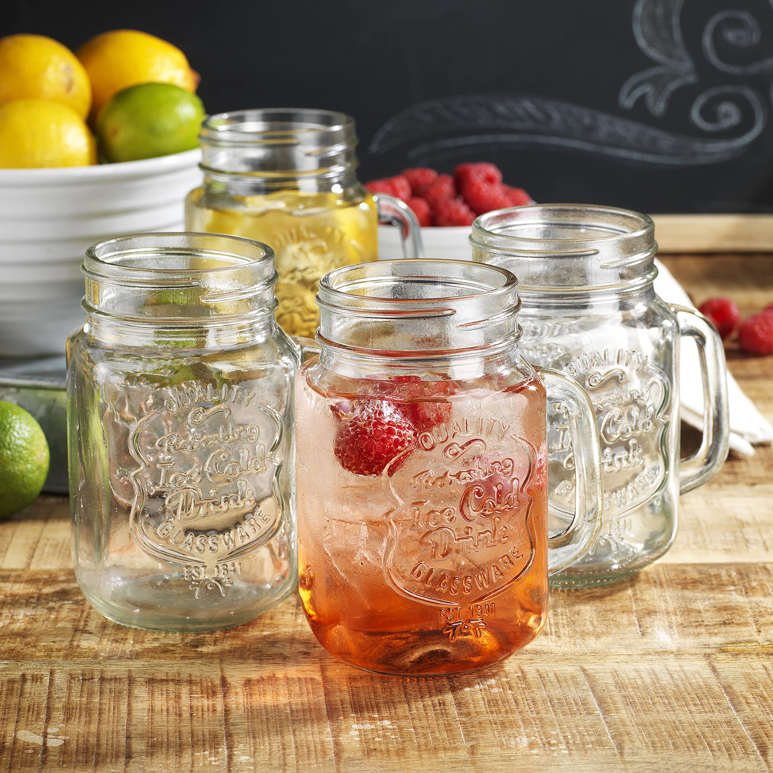 Glaver's Mason Drinking Jars β Set of 4, 16 Oz Clear Glass Jars β With Convenient Handle and Ice-Cold Embossed Logo β Ideal for Hot and Sunny Days β Perfect Glass Cups for Cold Drinks