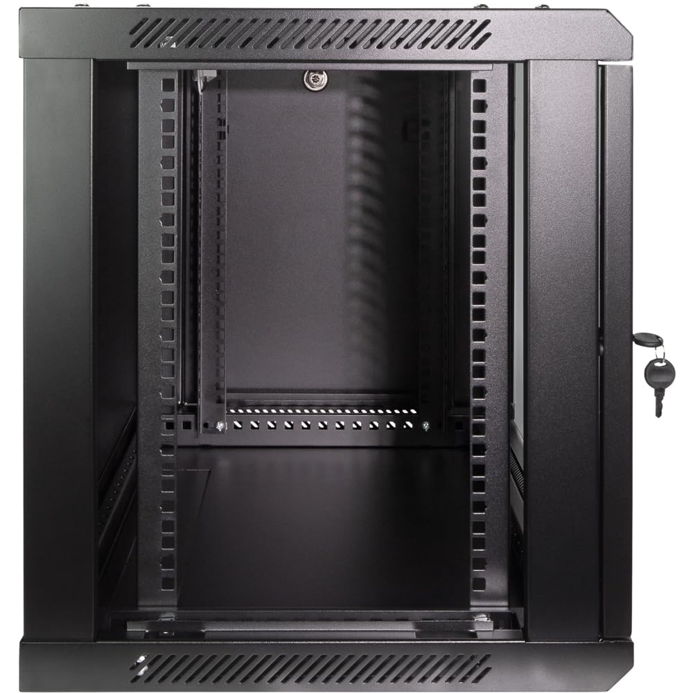 NavePoint 9U Server Rack Enclosure - 17.7β Deep, 9U Wall Mount Network Cabinet with Locking Glass Door for 19β IT Equipment, 9U Network Rack with 2 Fans, Removable Side Panels, Black
