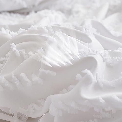 FLYMME White Full Size Comforter Sets with Sheets,Tufted Bed in a Bag 7 Pieces, Chevron Boho Shabby Chic Farmhouse Bedding Set,Soft Microfiber Comforter for All Season（White,80”*90”）