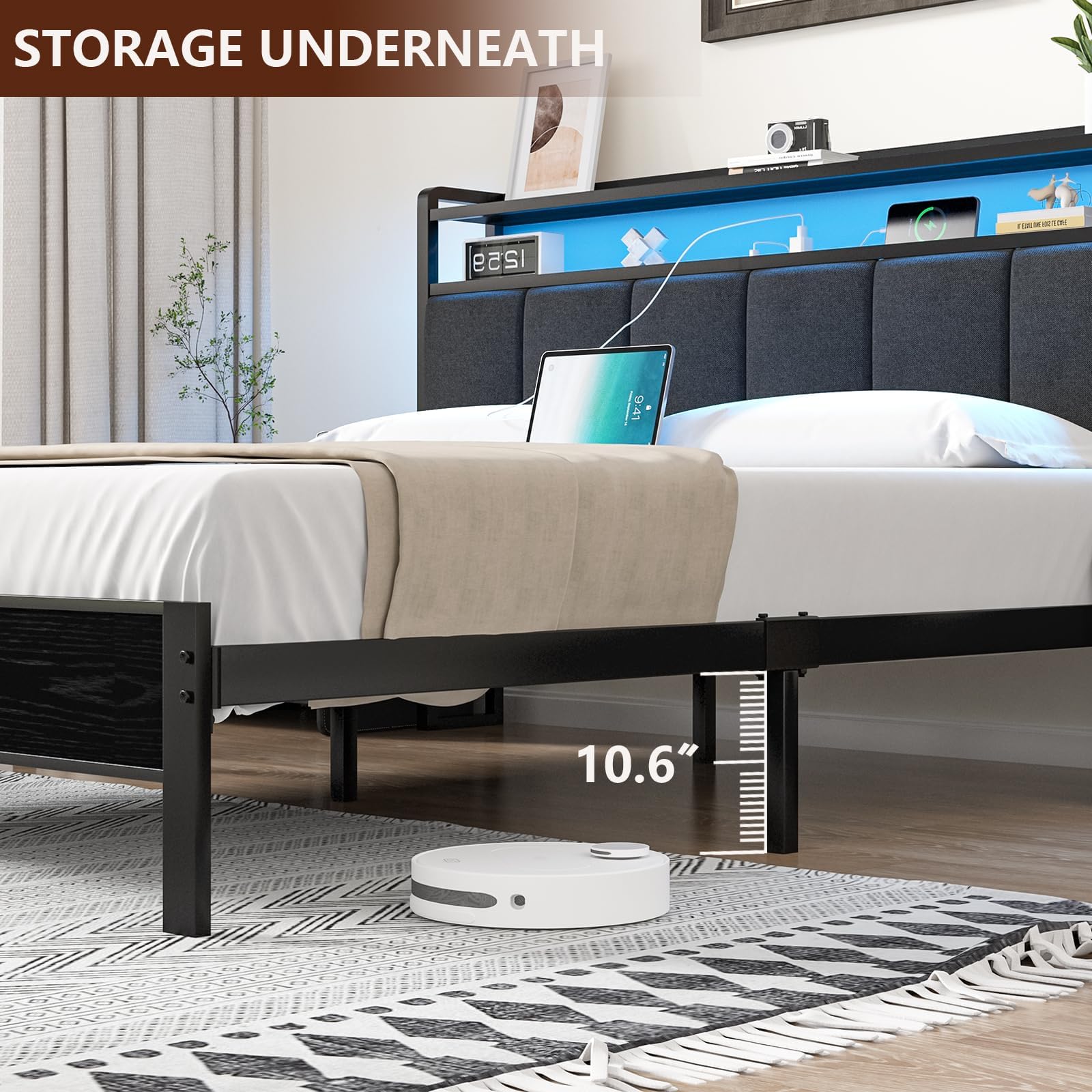 CHABUILDREARK Full Size Bed Frame with Storage Headboard, Upholstered Platform Bed with Charging Station and LED Lights, Heavy Duty Metal Slats, No Box Spring Need, Easy Assembly, Dark Grey