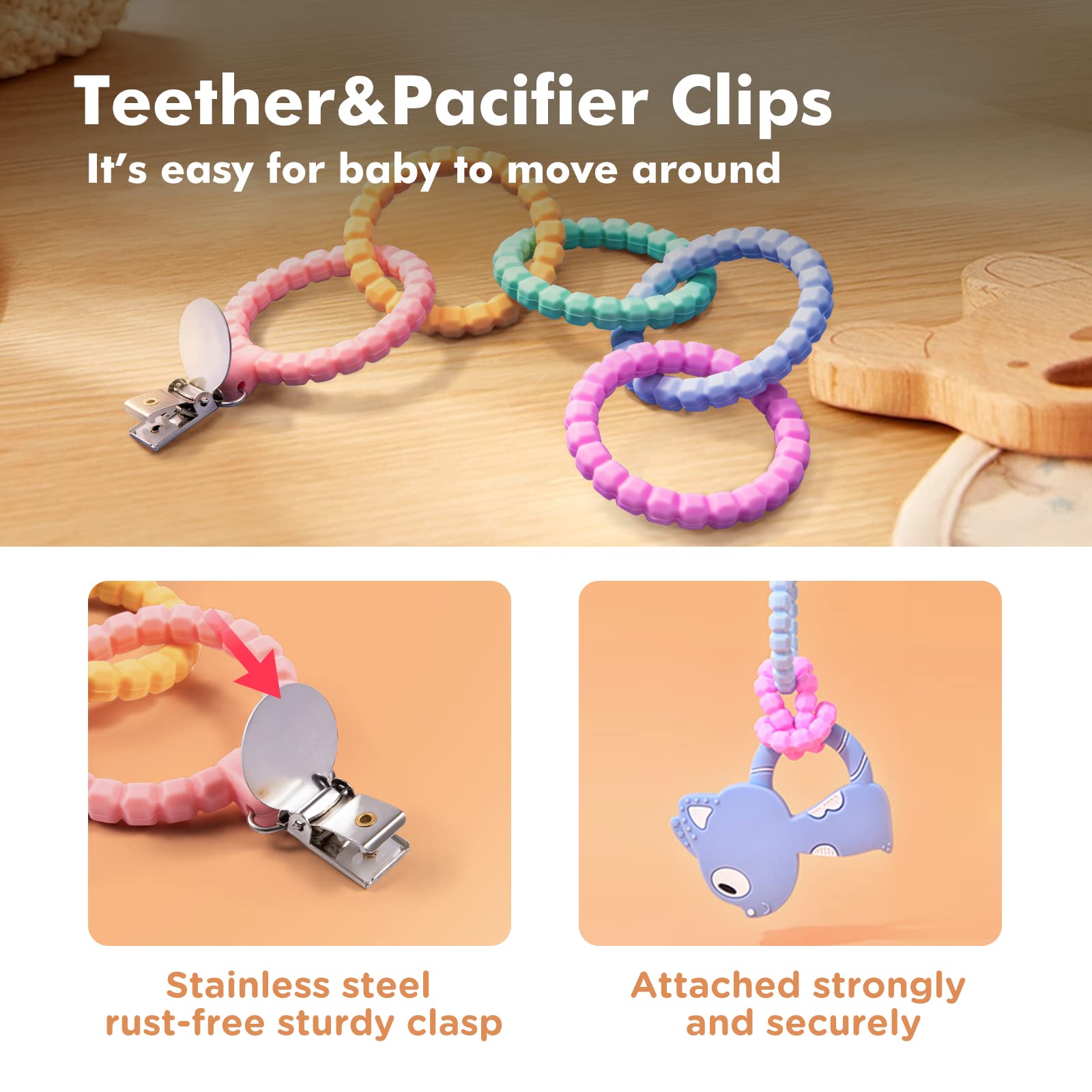 Baby Teething Toys - Silicone Baby Teether Link with Pacifier Clip - Chew Toy Rings for Infant & Toddler - Food Grade Silicone Anti-Drop