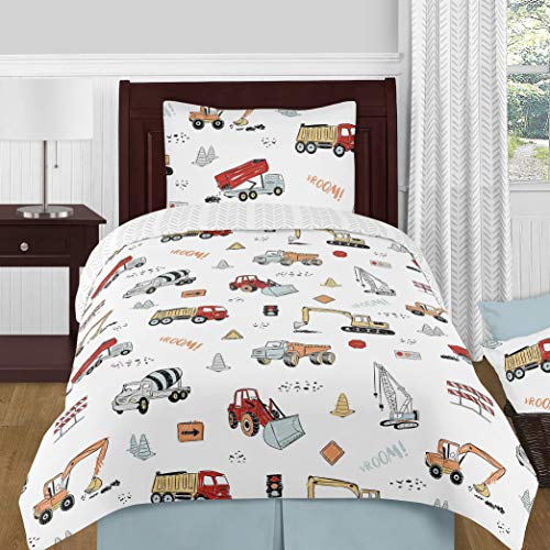 Sweet Jojo Designs Construction Truck Foldable Fabric Storage Cube Bins Boxes Organizer Toys Kids Baby Childrens - Set of 2 - Grey Yellow Orange Red and Blue Transportation