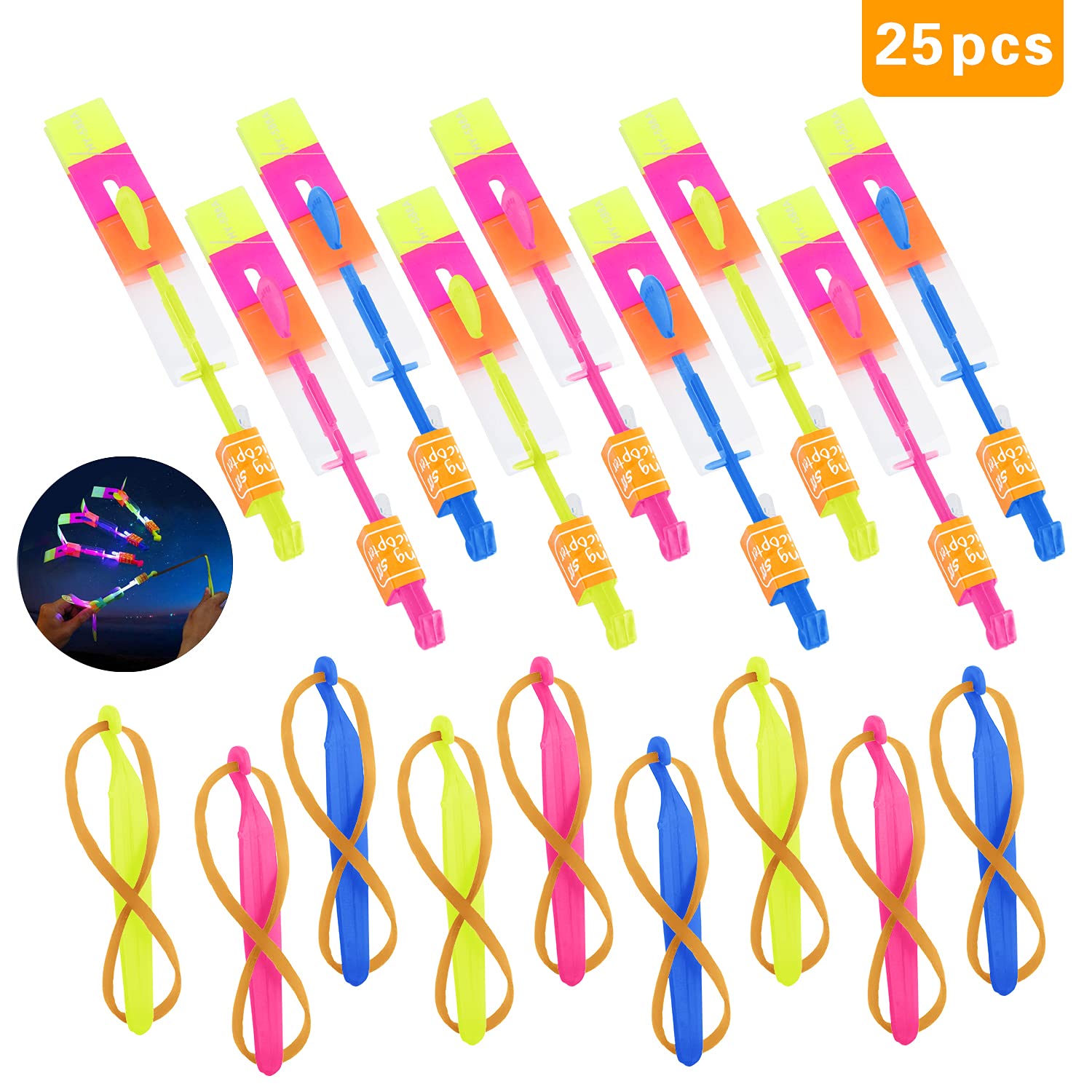 Habelyi 25PCS Amazing Led Light Arrow Flying Toy for Kids Party Fun Gift Elastic Slingshot Flying Copters Birthdays Day Summer Outdoor Game