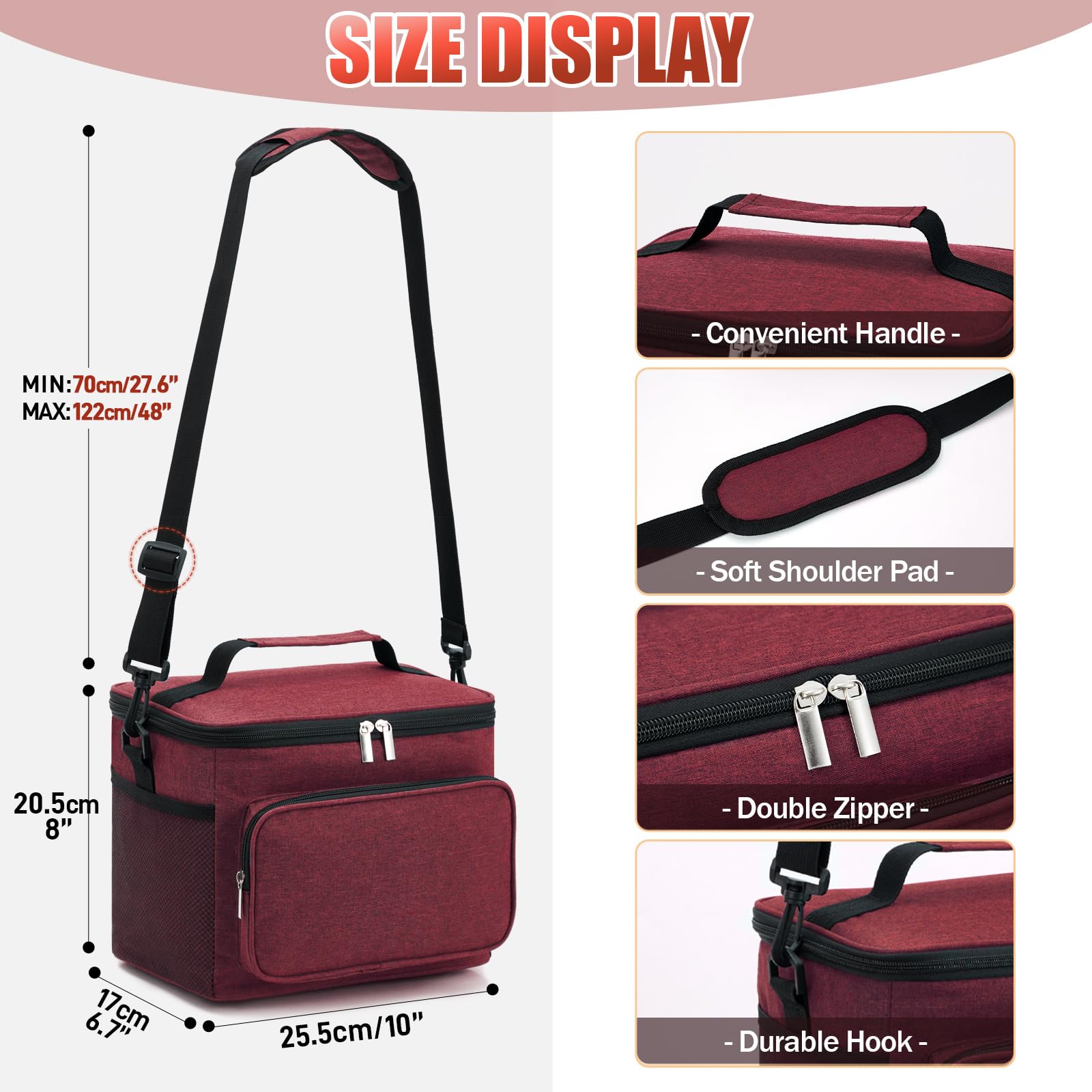 BECOJADDE Lunch Bag for Men and Women, Insulated Lunch Box Soft Cooler with Shoulder Strap for Work Travel Picnic (10L, Red)