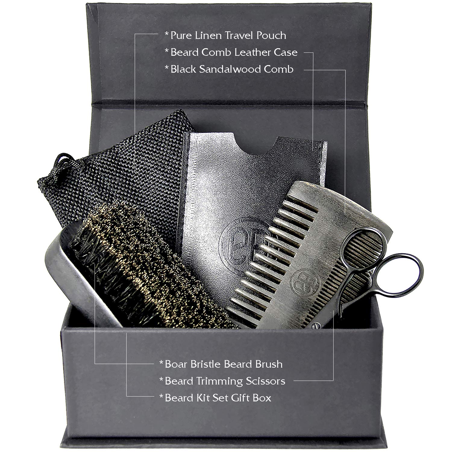 Beard Brush & Beard Comb Kit, Natural Boar Bristle Brush, Authentic Sandalwood Dual Action Comb & Durable Case, Mustache Trimming Scissors, Linen Pouch Bag, Gift Box Set for Men's Daily Grooming Care