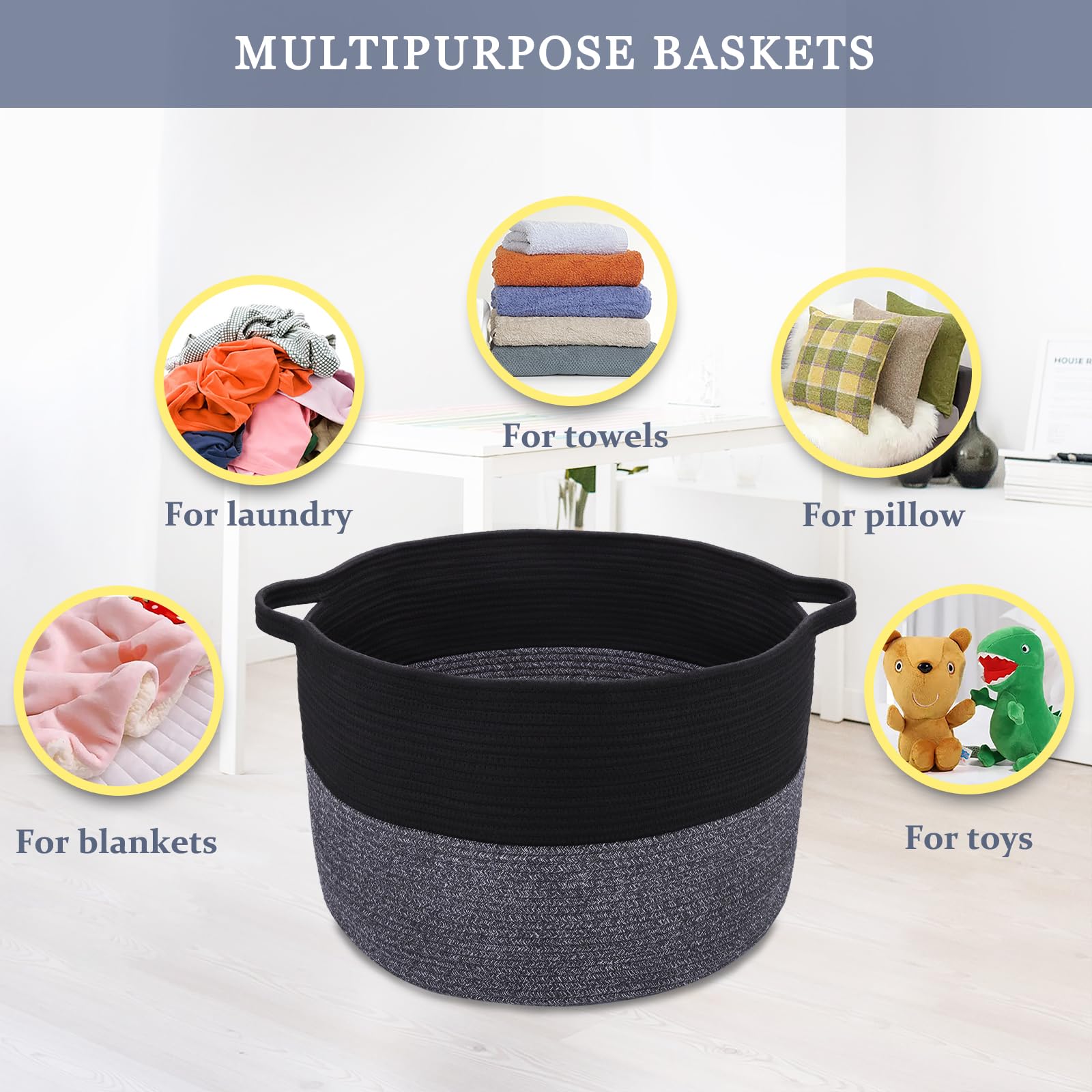 BOSROTY Large Laundry Hamper Basket for Clothes 72L, Nursery Hamper, Blanket Basket, Clothes Basket Laundry, Woven Storage Basket, Toy Basket, Cotton Rope Laundry Basket, 16”x 22”, Black & Gray