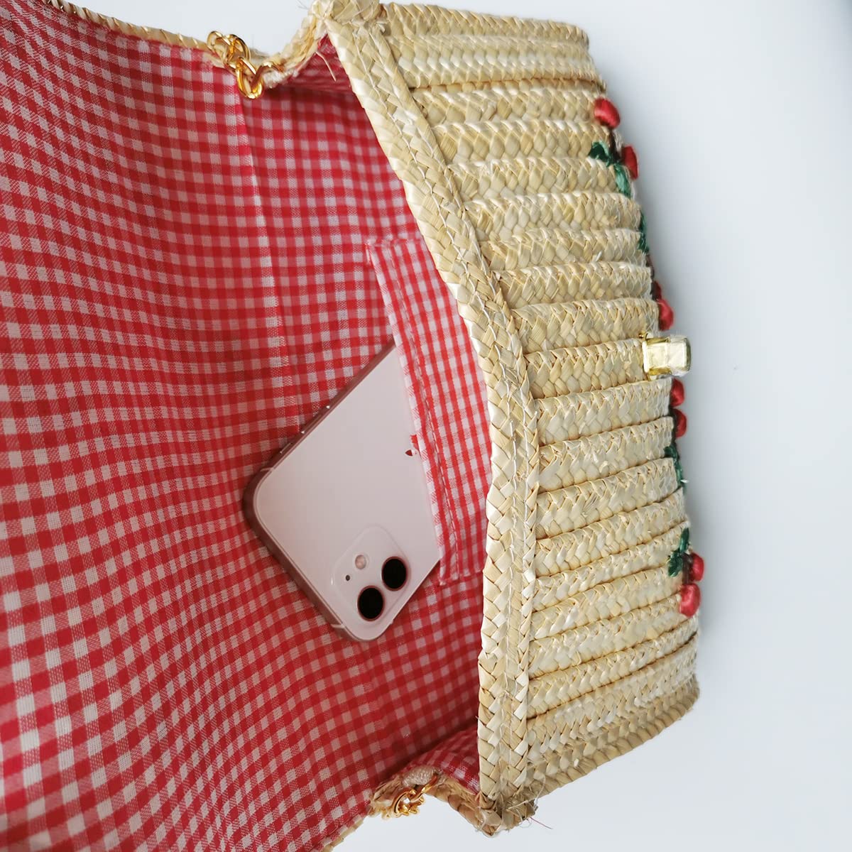 Beach summer soft straw clutch purse for women crossbody hand woven natural chic shoulder Bag (Cherry)