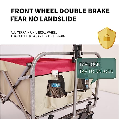 Folding Wagon Cart Beach Wagon Utility Wagon Cart Outdoor Heavy Duty Garden Portable Hand Cart with All-Terrain Wheels & Adjustable Handle (White+Red)