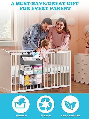 PHOTOONE Hanging Diaper Caddy Organizer - Crib Organizer–Spacious Baby Girl/Boy Diaper Organizer for Changing Table, Playpen, Wall- Hold 90+ Diapers- Nursery Baby Essentials Storage for Newborn, Gray