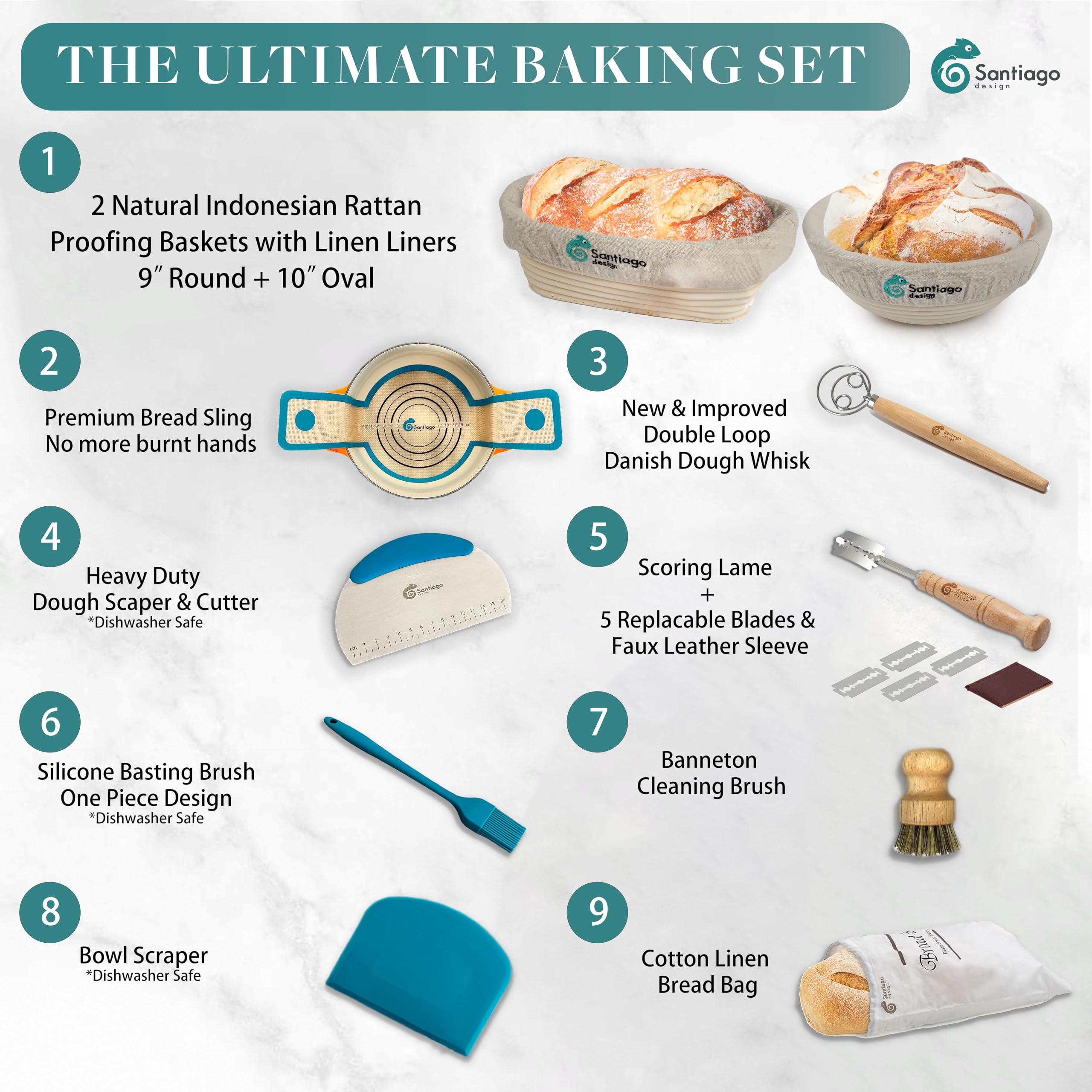 Banneton Bread Proofing Basket Set, 9 Inch Round & 10 Inch Oval Banneton Basket & Sourdough Bread Baking Supplies, with Danish Dough Whisk, Silicone Bread Sling, Linen Liner, Bread Lame, Bowl Scraper