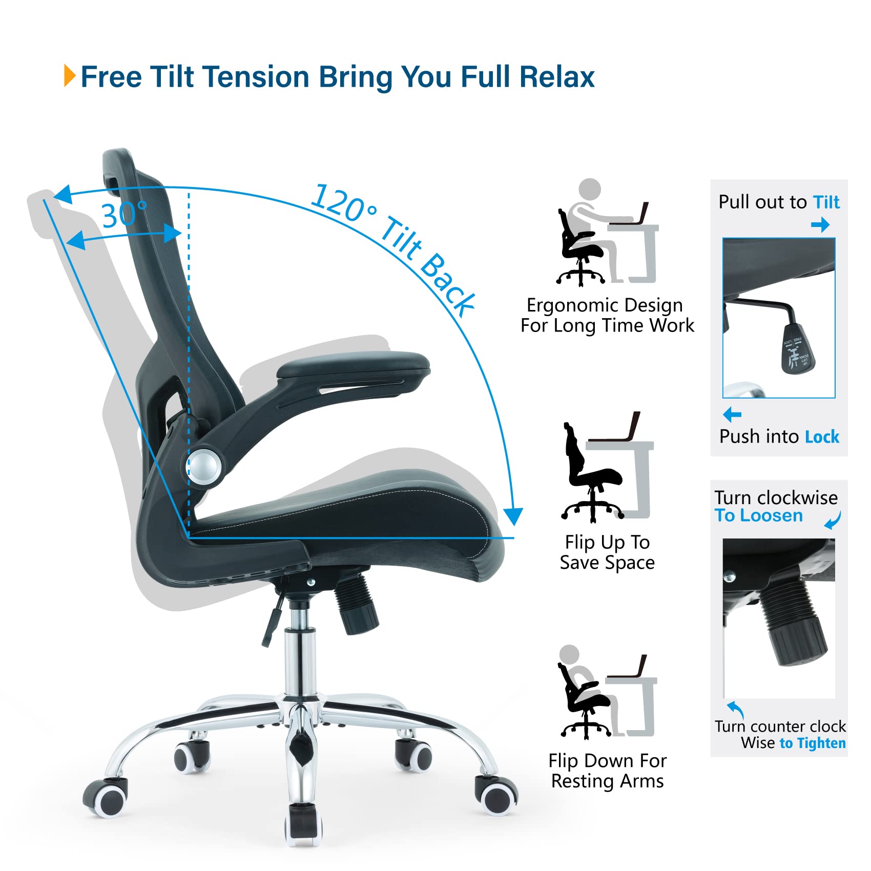 Chairoyal Office Chair -PU Cushion Ergonomic Mesh Back Home Office Desk Chairs with Adjustable Lumbar Support & Seat Height, Swivel Executive Computer Task Chairs with Flip-Up Arms for Office/Study